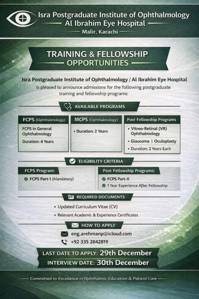 MCPS, FCPS and Post Fellowship in Ophthalmology at Isra Postgraduate ...